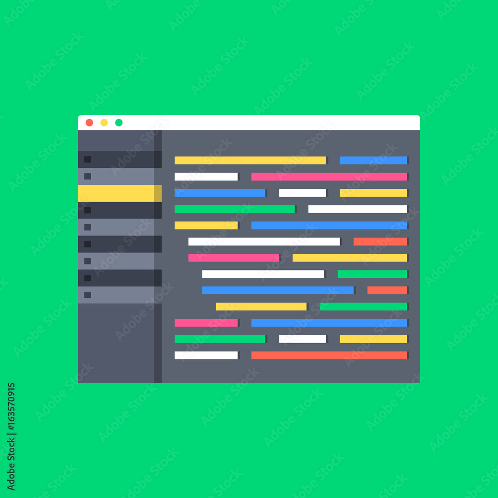 Programming, coding, web development concepts. Code editor window with interface and lines of ...
