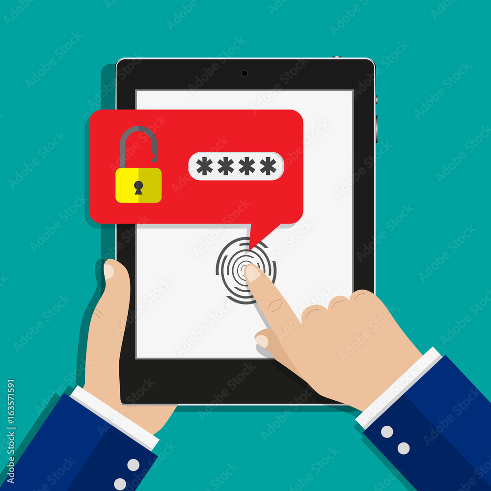 Hands With Tablet Unlocked With Fingerprint Button And Password Notification Vector Stock Vector