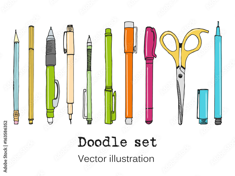 Isolated set of stationery hand drawn in cartoon style. Sketch of ...
