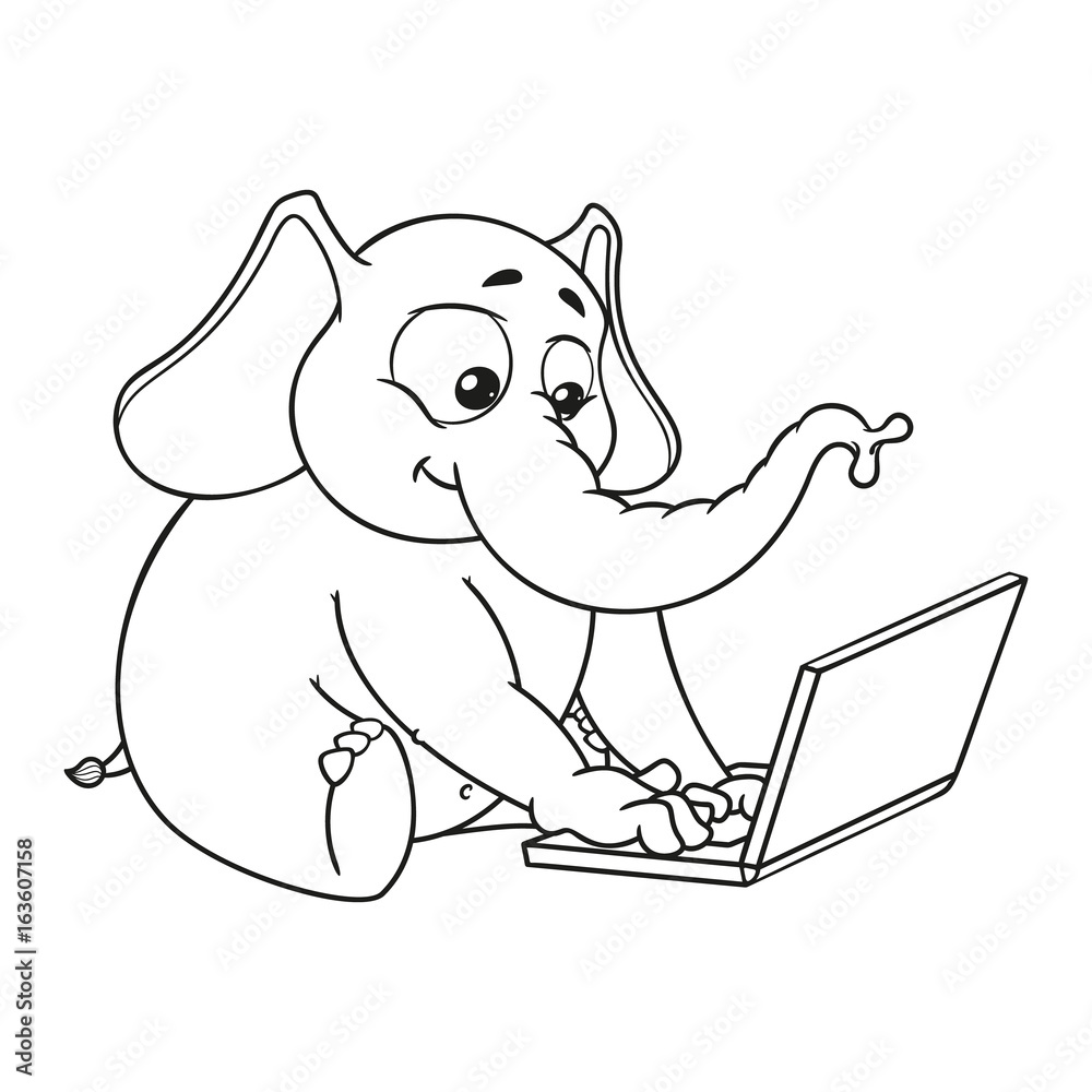 Elephant. Character. Sits at the computer. Work on the Internet ...