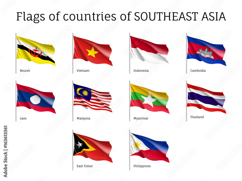 Set of waving flags of members of Asean Economic Community AEC Laos ...