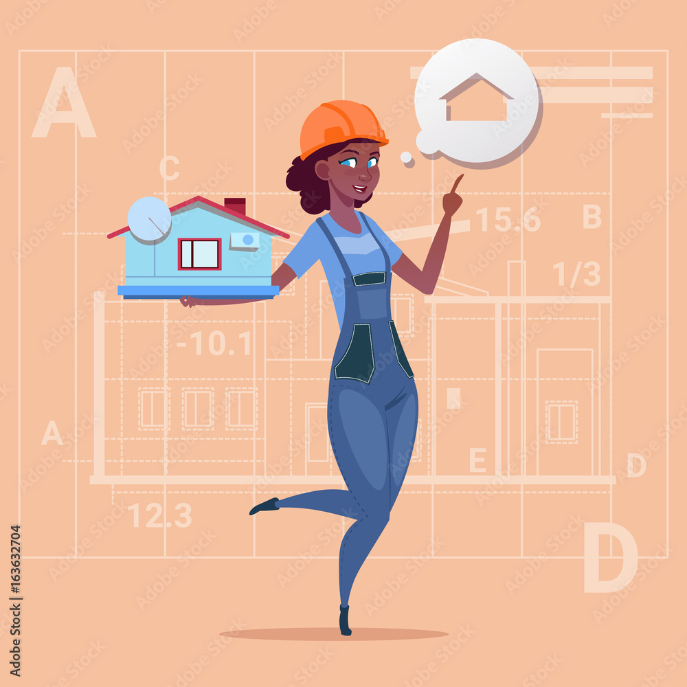 Cartoon Female Builder Holding Small House Ready Real Estate Over ...