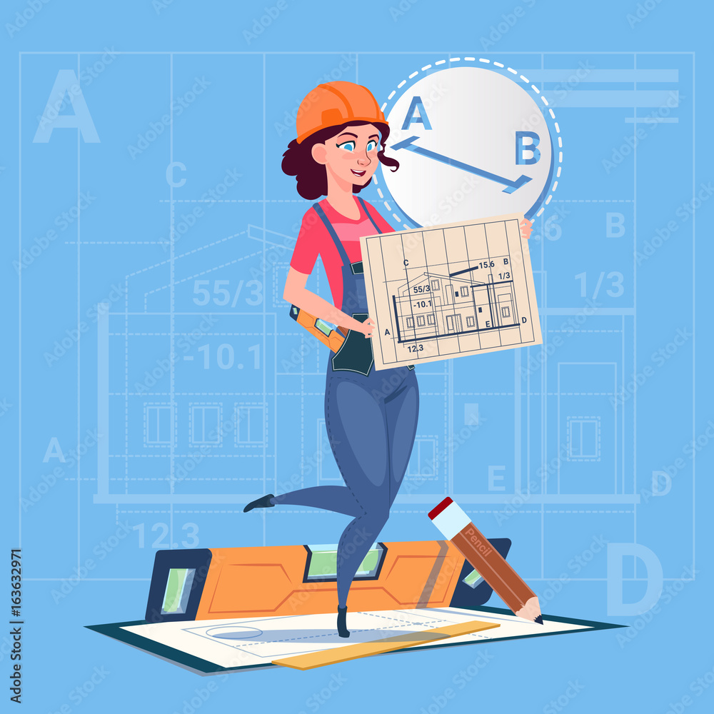 Cartoon Builder Woman Hold Plan Of Building Blueprint Wearing Uniform ...