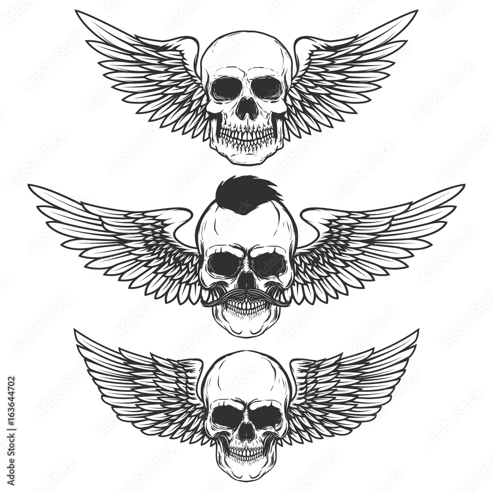 Set of winged skulls isolated on white background. Design elements for ...