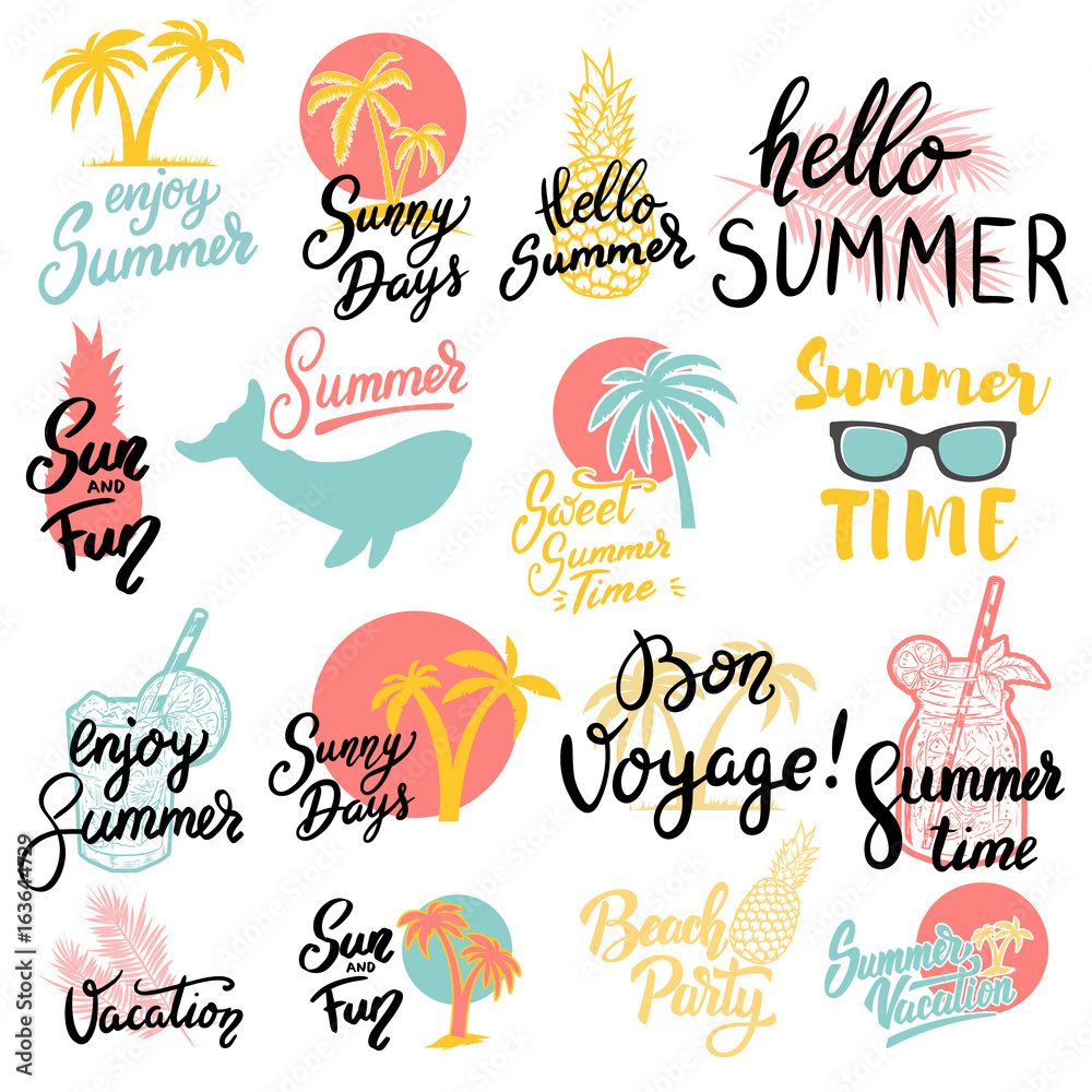Summer emblems. Set of hand drawn lettering phrases on white background ...