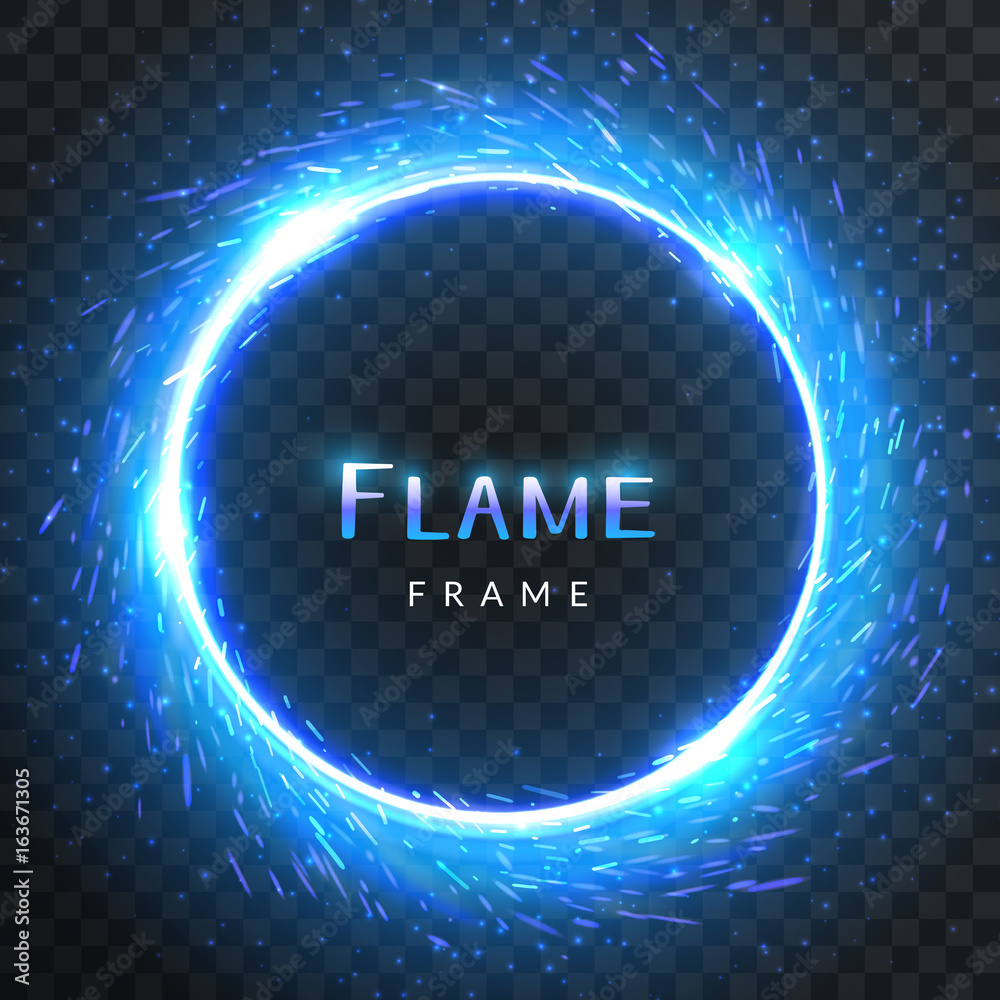 Realistic round blue flame frame with inscribed text, vector template ...