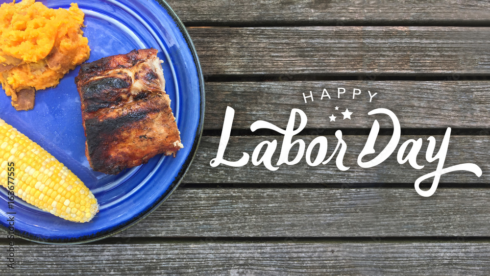 Happy Labor Day Typography Over Wood Background with Grilled Food Stock ...