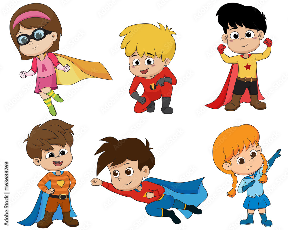 Set of kids wearing superhero costumes with different pose.vector and ...