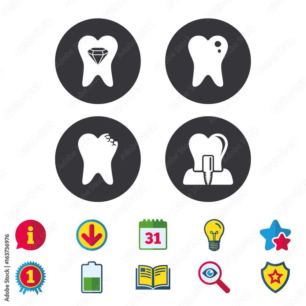 Dental care icons. Caries tooth sign. Tooth endosseous implant symbol ...