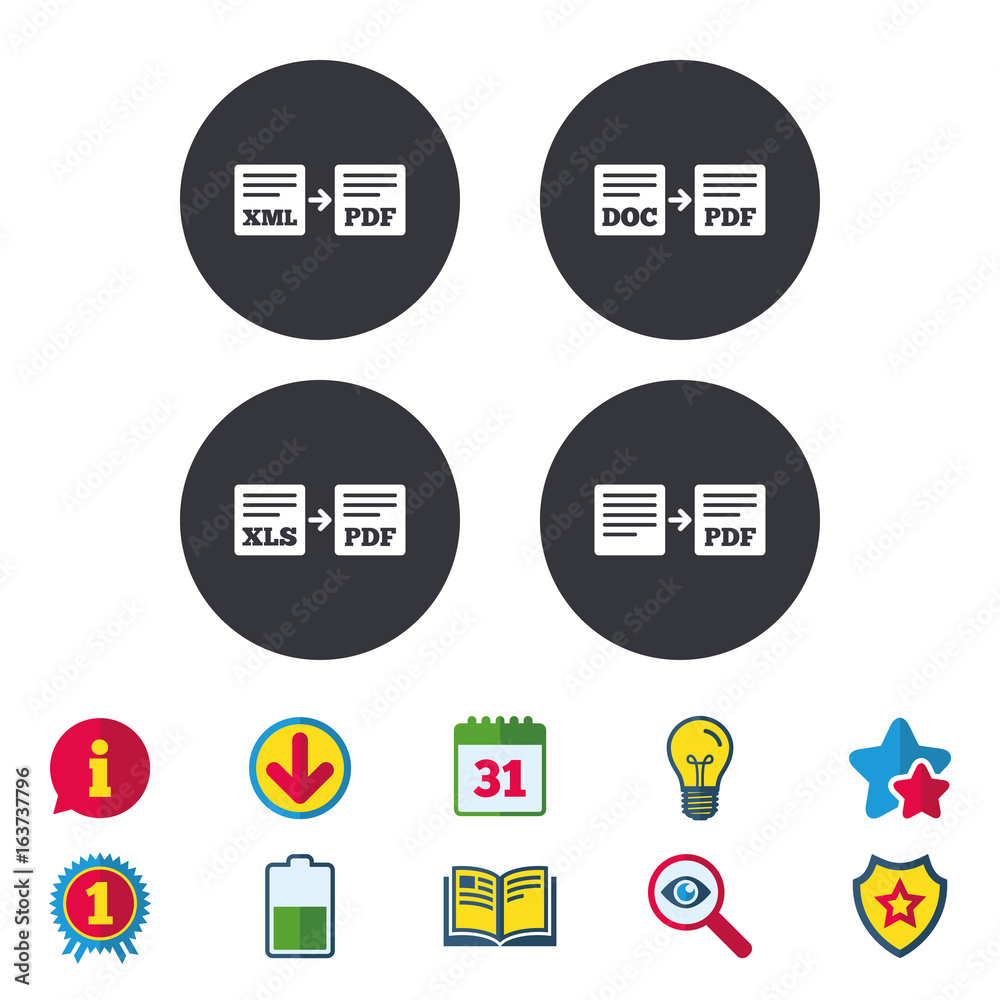 Export file icons. Convert DOC to PDF, XML to PDF symbols. XLS to PDF ...