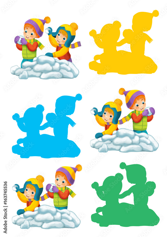 cartoon scene with kids playing - snow fight winter activity / isolated ...