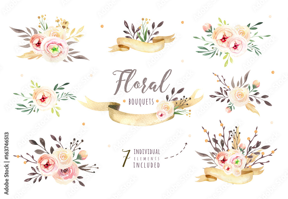 Hand drawing isolated boho watercolor floral illustration with leaves ...