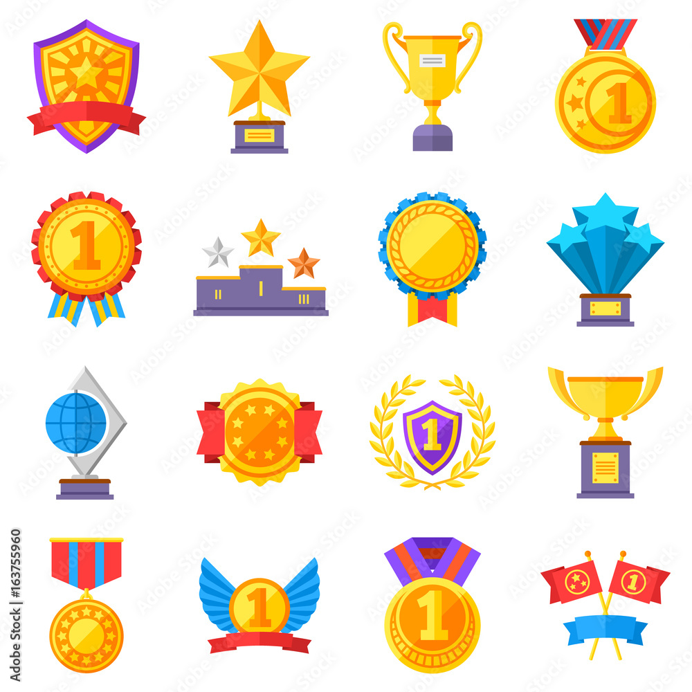 Trophy medals and winning ribbon success icons. Win awards vector ...