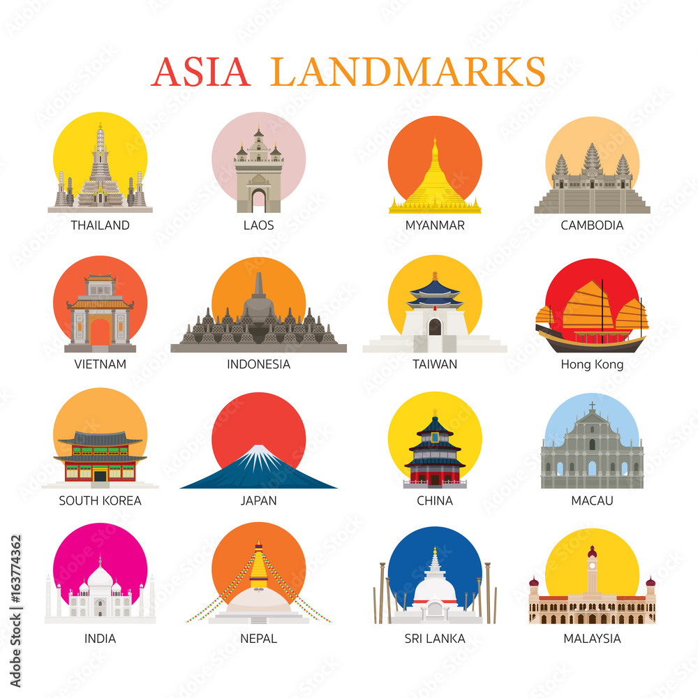 Asia Landmarks Architecture Building Icons Set Stock Vector | Adobe Stock