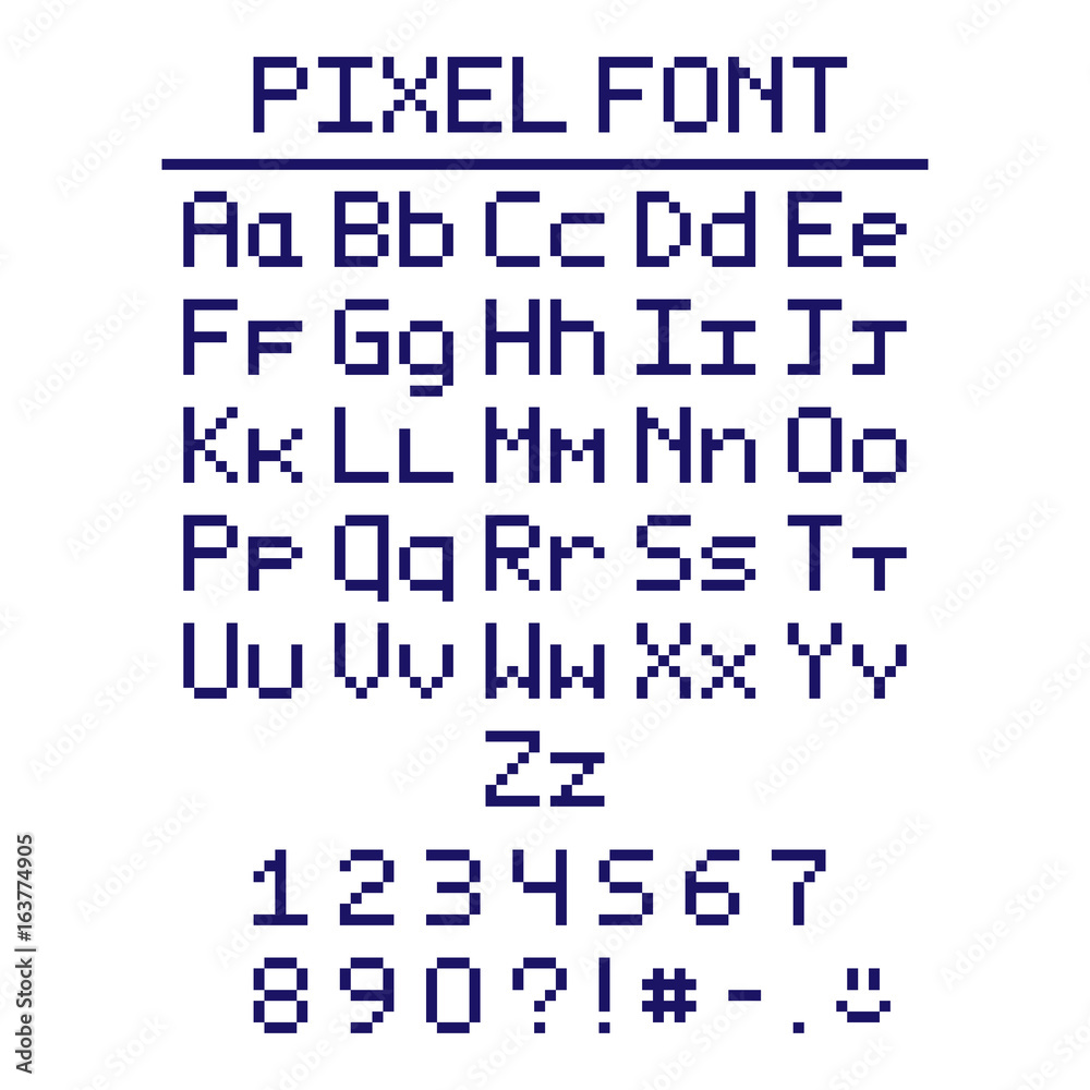 Pixel font in the eight bit style witn numbers and smiley. Isolated on ...