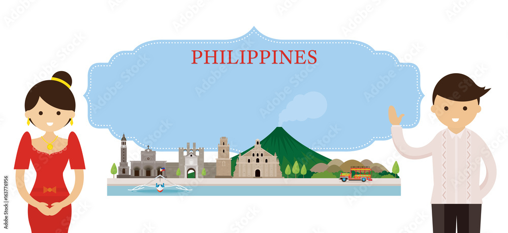 Philippines Landmarks and people in Traditional Clothing Stock Vector ...