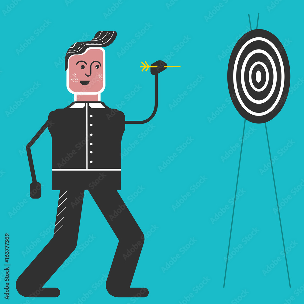 Man with dart plays in Darts. Man with arrow on the blue background ...