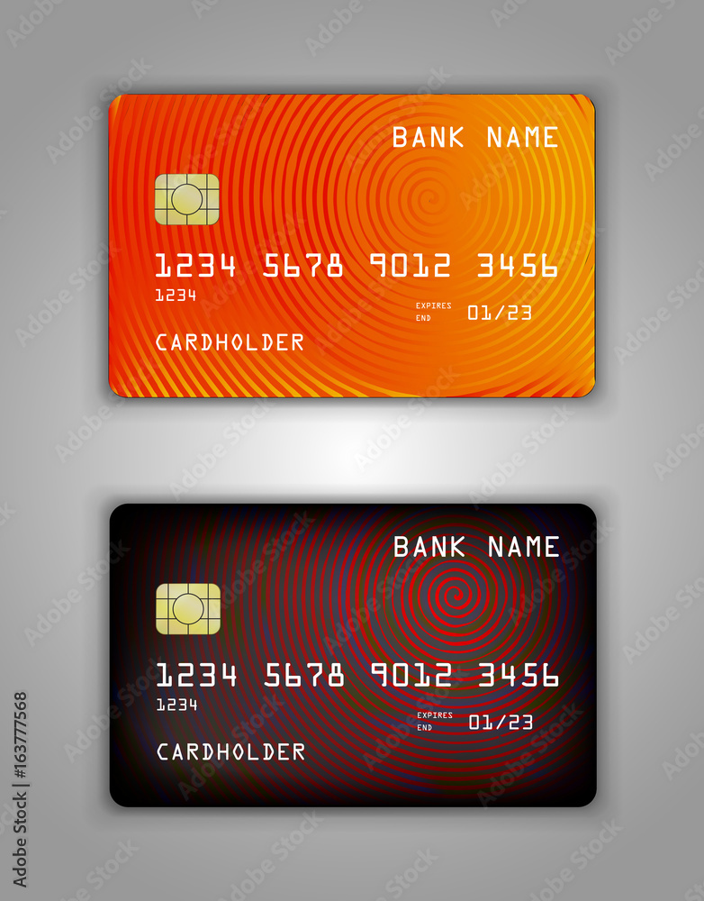 Vector set Realistic credit bank card mockup. Red, orange gradient ...