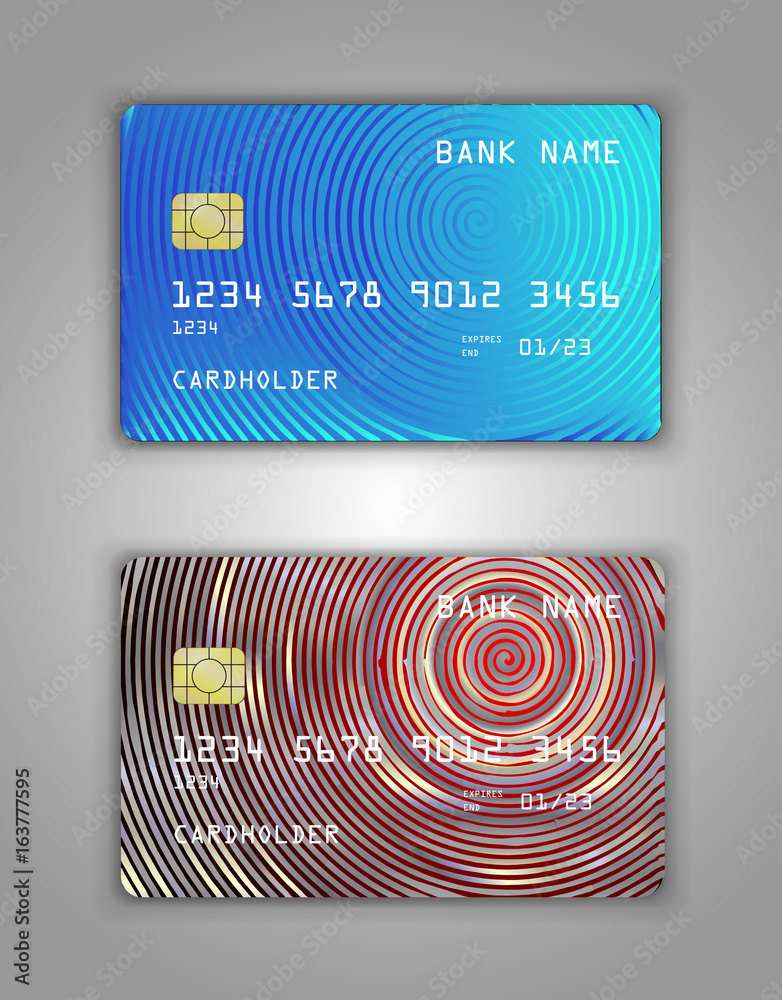 Vector set Realistic credit bank card mockup. Red, blue gradient spiral ...