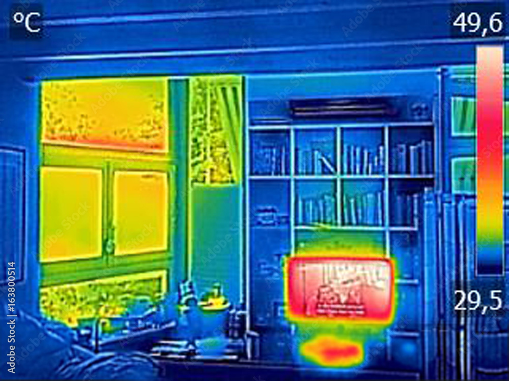 Infrared thermovision image showing heated TV and a window in the ...