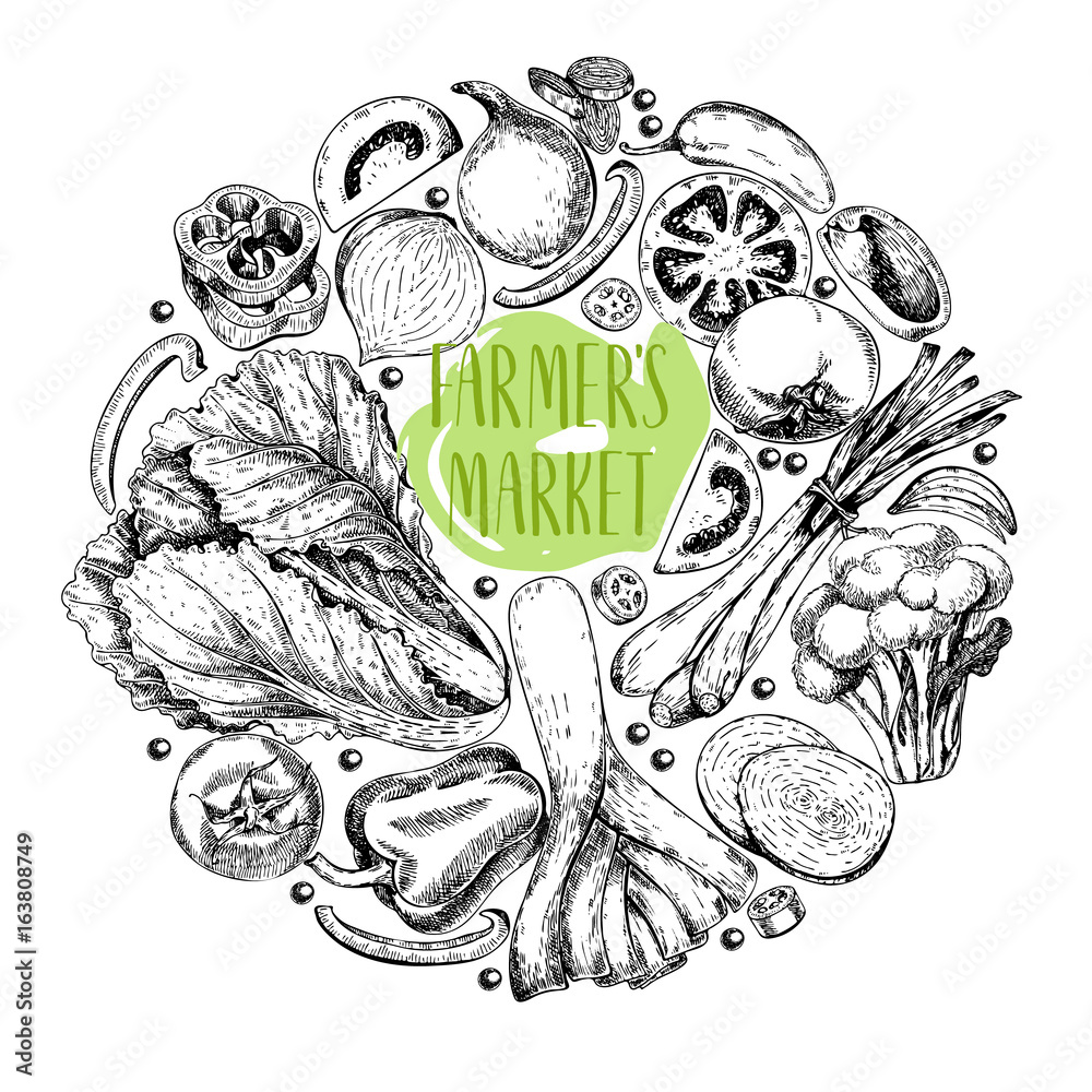 Vector hand drawn farm vegetables. Round border composition. Tomato ...