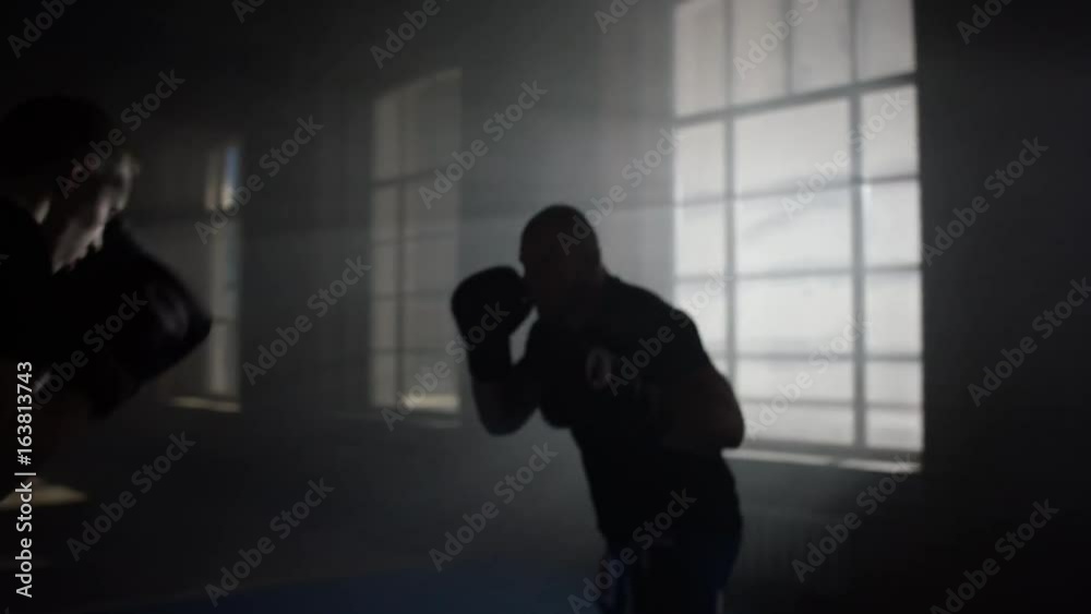 Two boxers train on the ring. Kicking and blocking the hit. One athlete ...