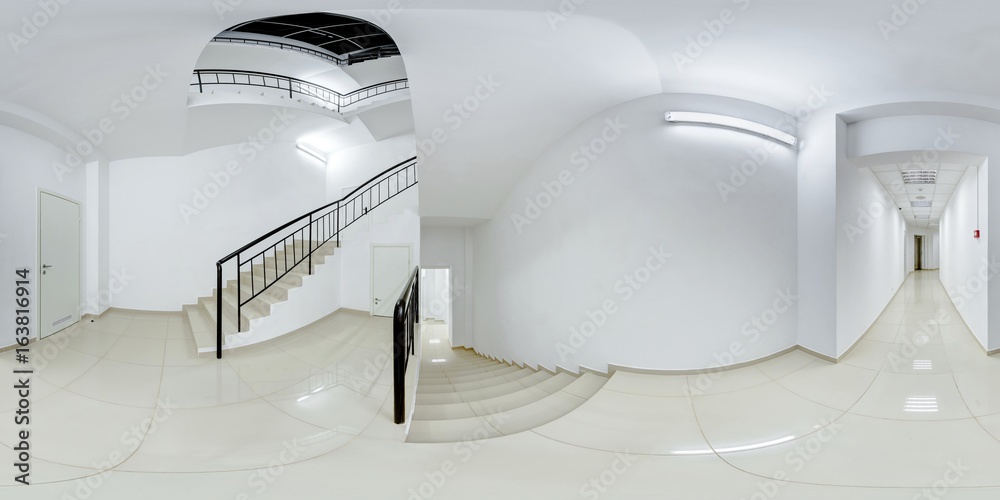 White stairs staircase with long big hallway corridor full 360 degree ...