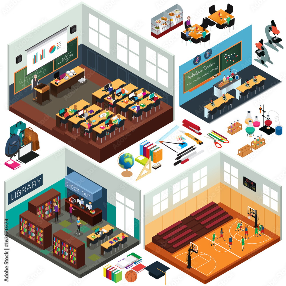 Isometric Design of School Buildings and Classrooms Stock Vector ...