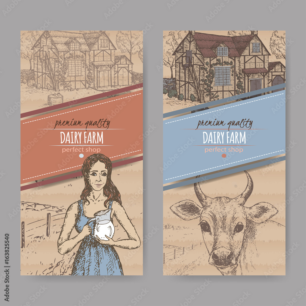 Two dairy farm shop labels with farmhouse, milkmaid and cow. Stock ...