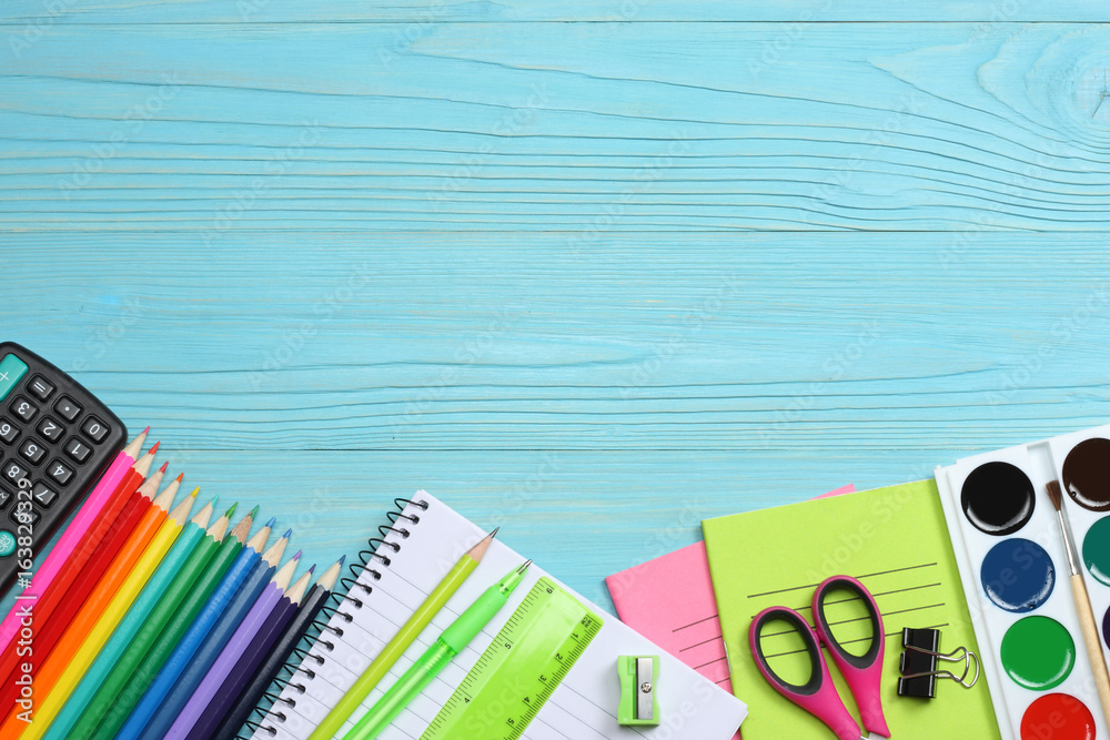 school and office supplies. school background. colored pencils, pen ...