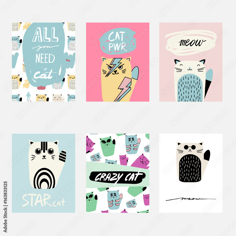 Vector cute cartoon greeting card set with cats. Hand drawn fun ...