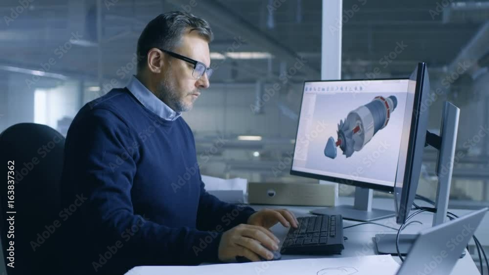 Chief Male Engineer Working on Big Technical Project Creating 3D ...