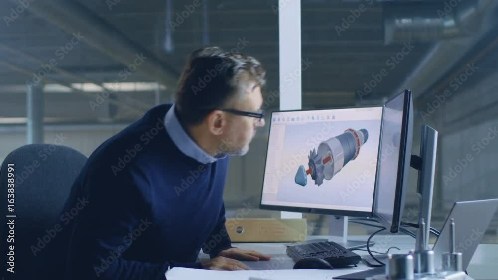 Vidéo Stock Male Chief Engineer Sits at His Working Place with Turned ...