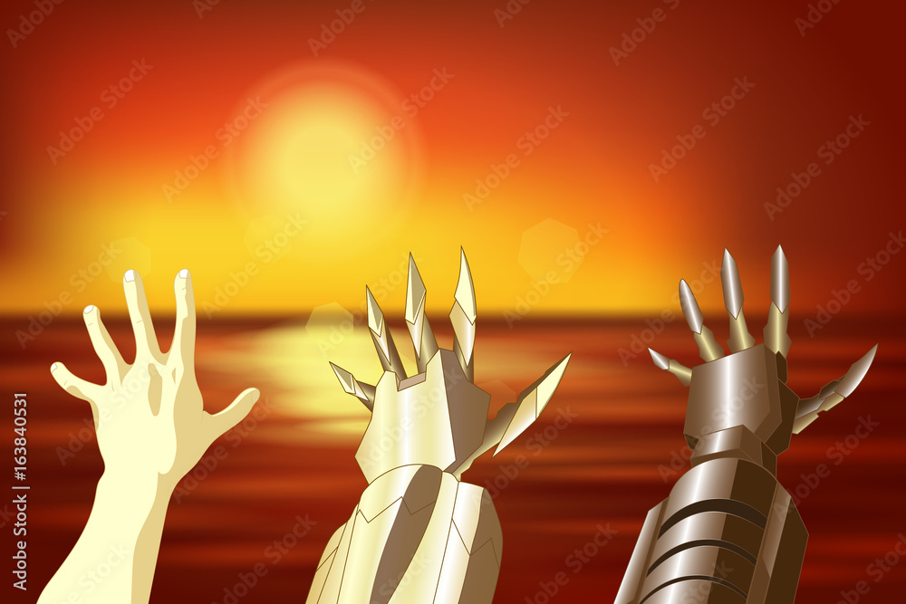 The hand of a man, a robot, an iron hand. Anime background for manga ...