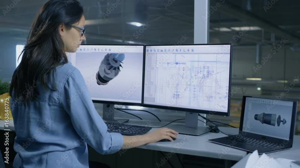 Chief Female Engineer Designs on 3D Model of a Turbine or Engine Part ...
