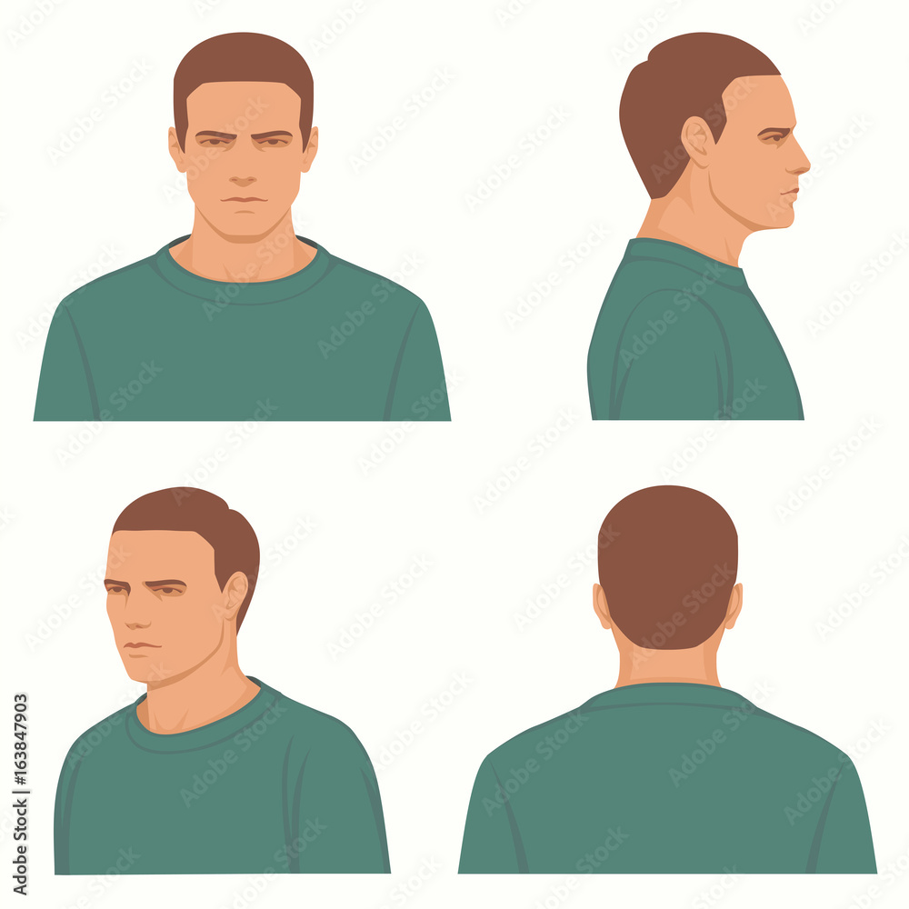 vector man hairstyle ,front, side, profile view of head character Stock ...