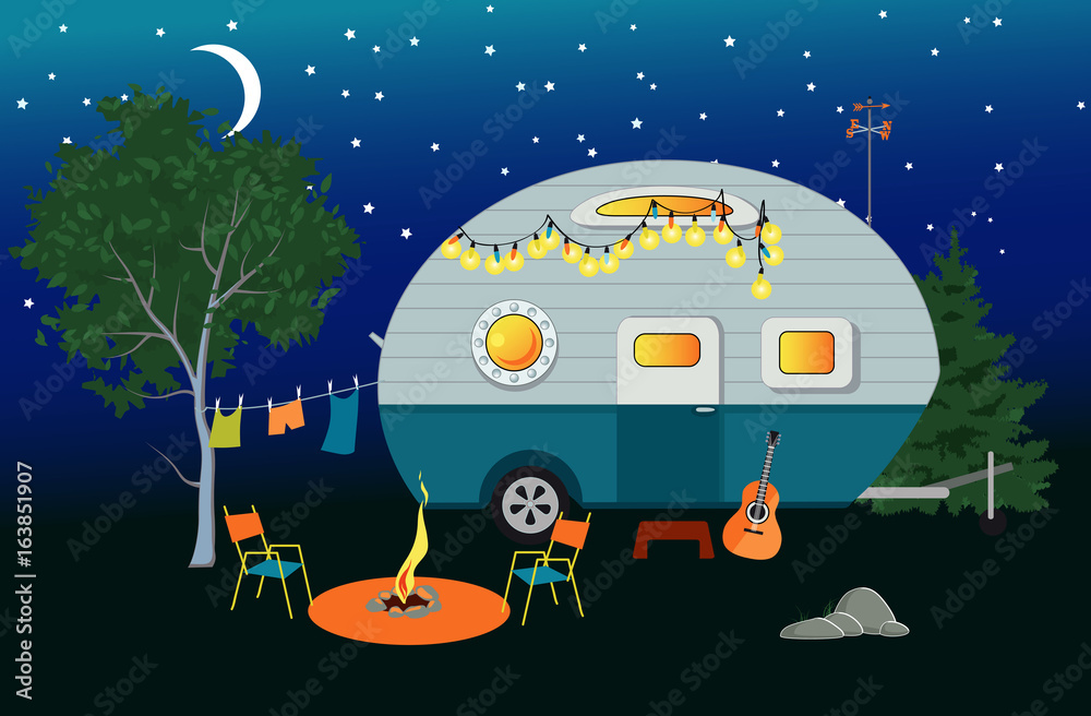 Cartoon travelling night scene with a vintage camper, a fire pit ...