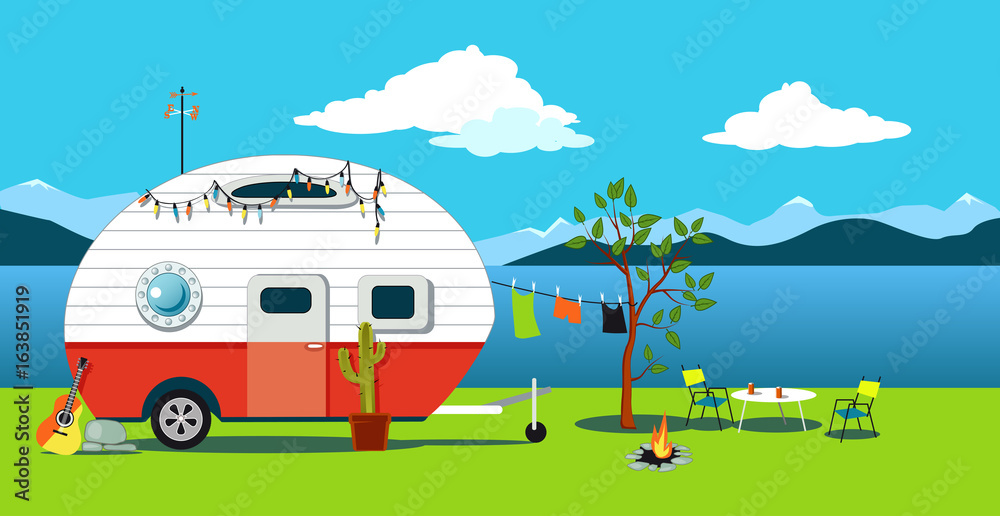 Cartoon travelling scene with a vintage camper, a fire pit, camping ...