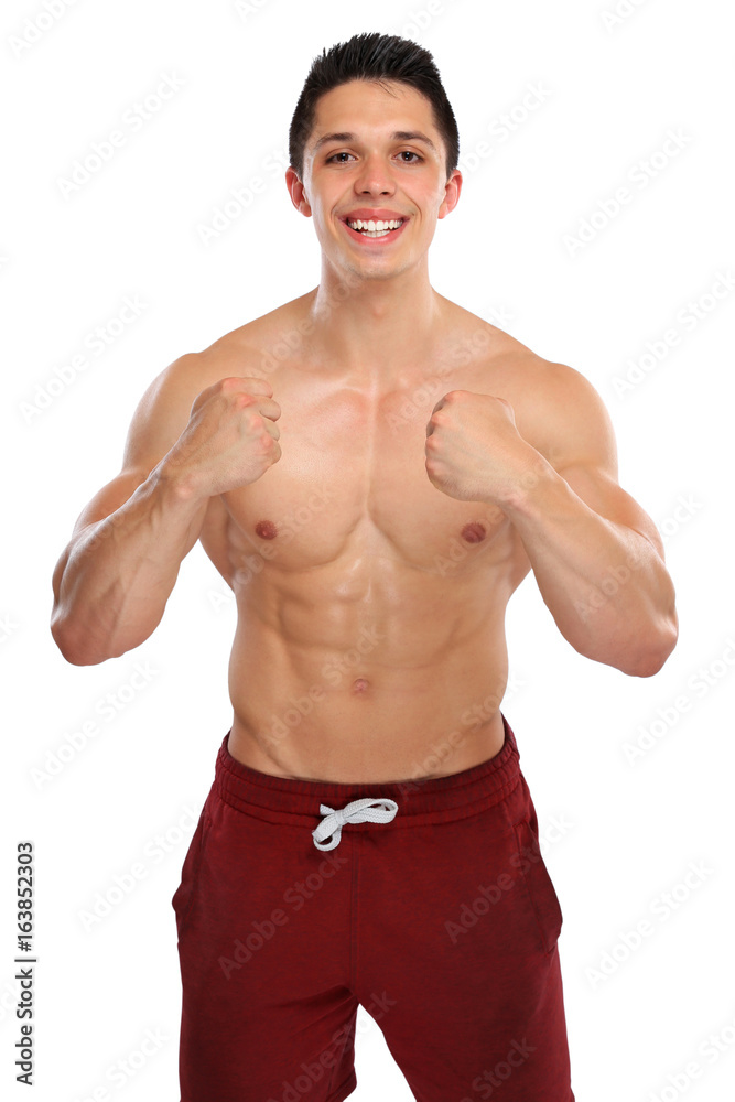 Junger Mann stark muskulös Freude siegen gewinnen Bodybuilder ...