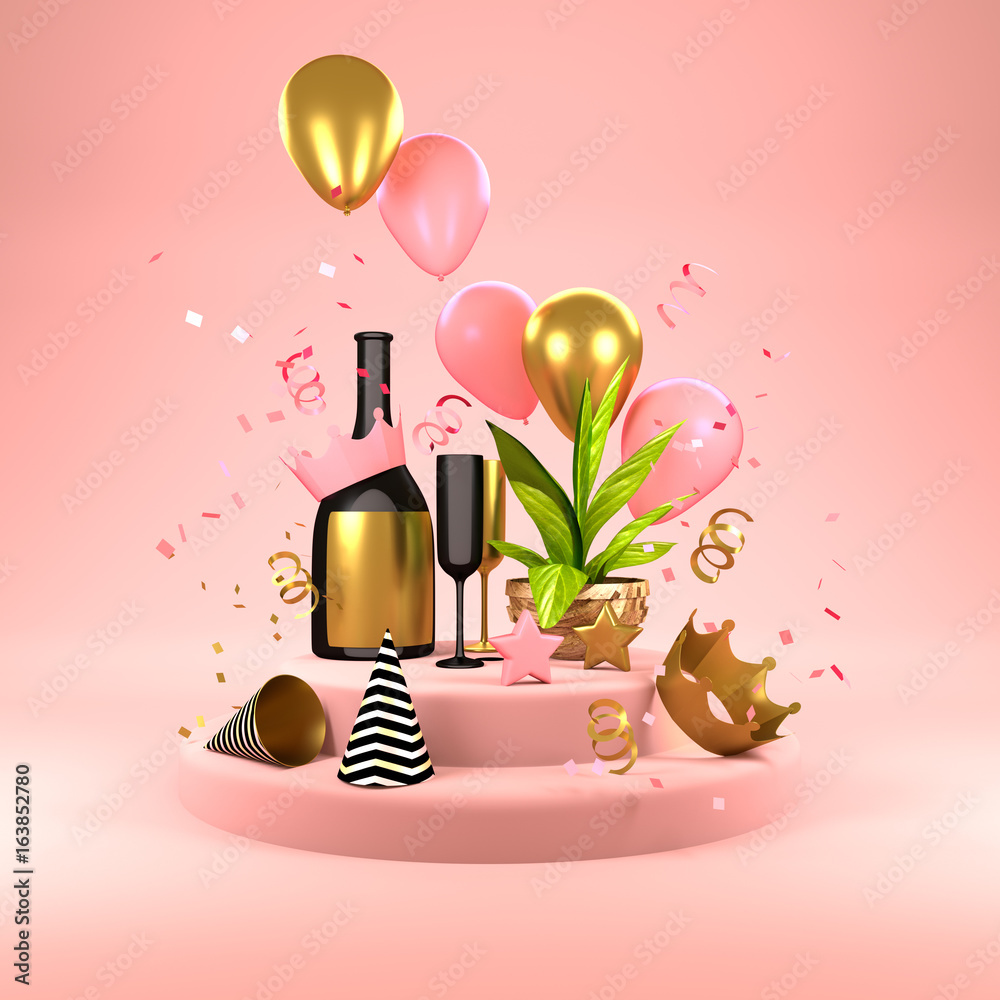 Pink Party Background - celebrations with champagne, balloons, party ...