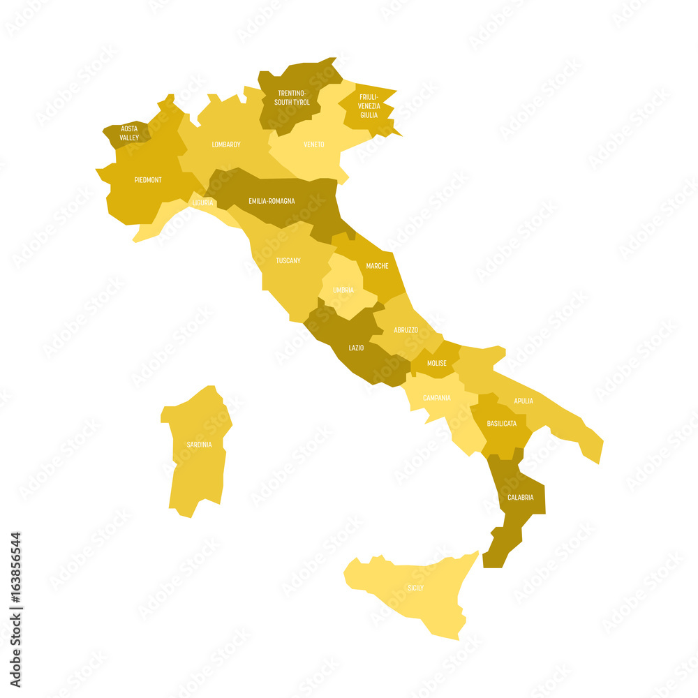 Map of Italy divided into 20 administrative regions in four shades of ...