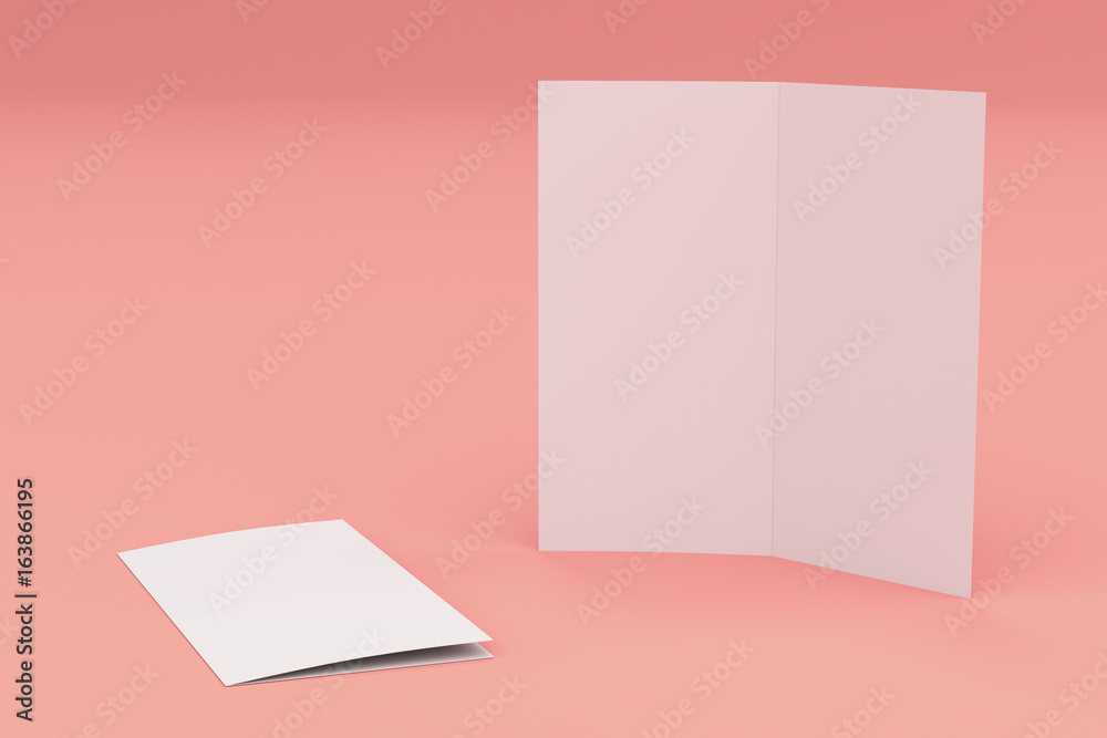 Blank white two fold brochure mockup on red background Stock ...