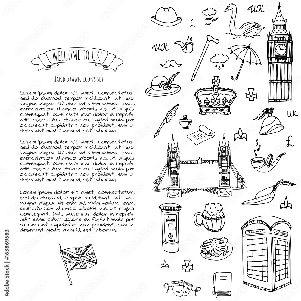 Hand drawn doodle United Kingdom set Vector illustration UK icons ...