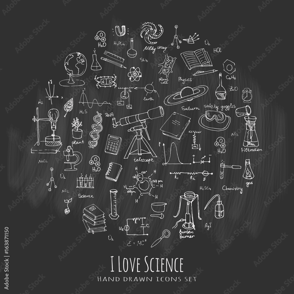 Freehand drawing school items. Science Lesson concept. Hand drawing set ...