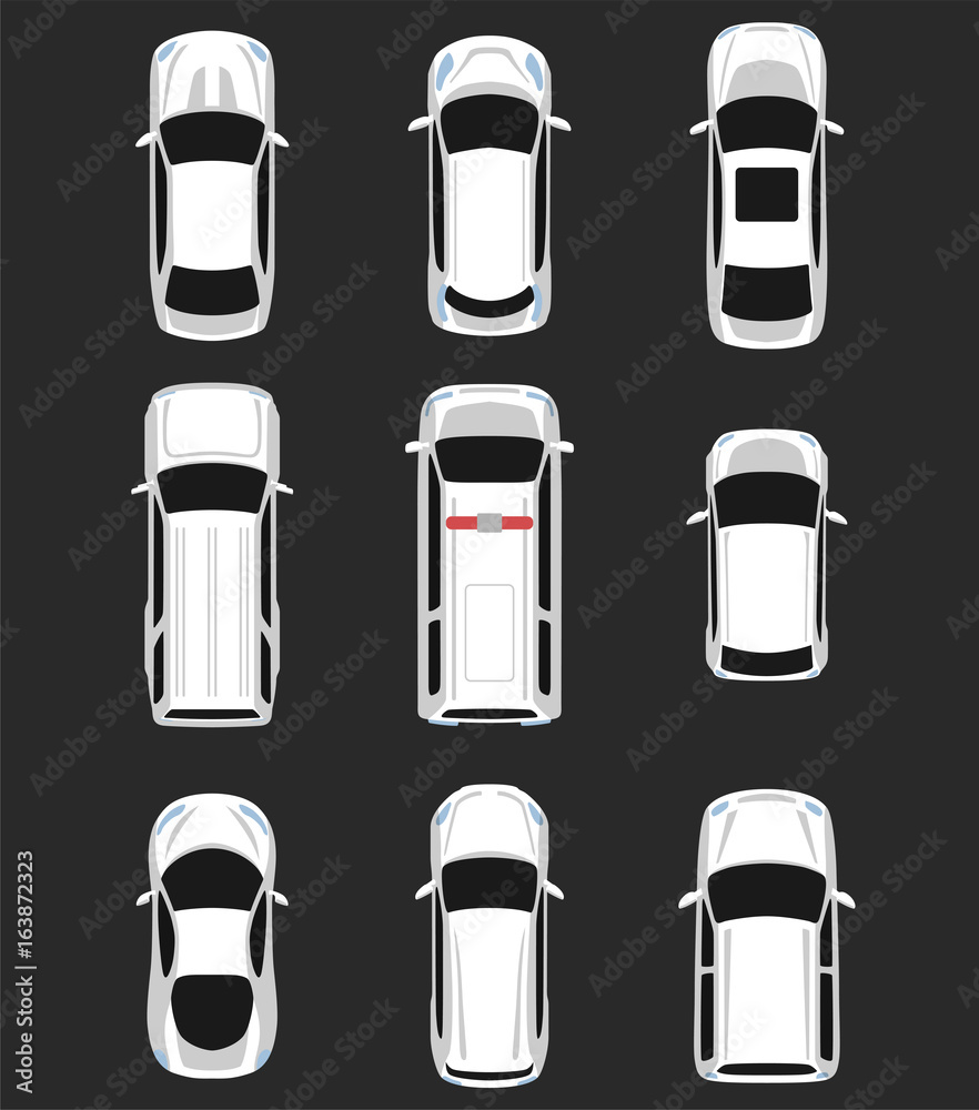 Set of cars top view for transportation theme. Includes sedan, van ...