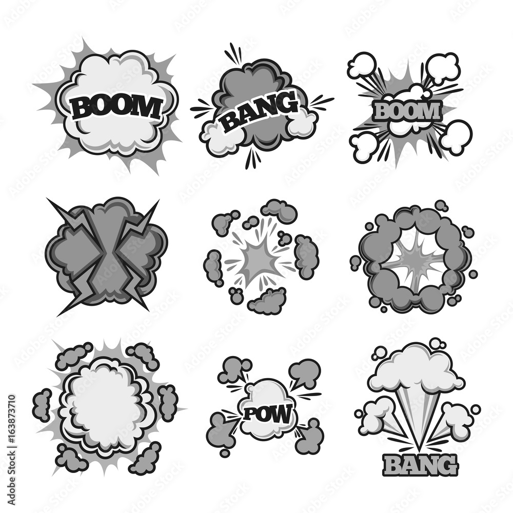 Boom, bang pow comic bubble sound clouds vector cartoon flat text icons ...
