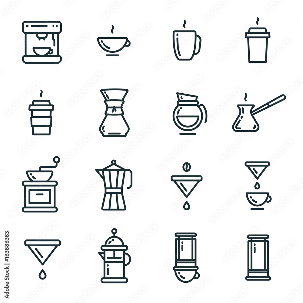 Coffee Types Brewing Flat Line Outline Stroke Icon Pictogram Symbol Set ...