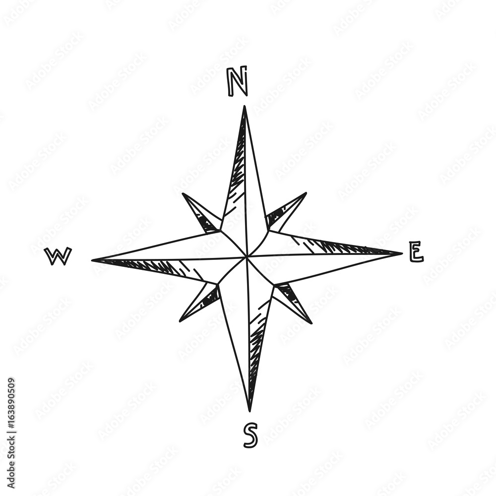 Compass star illustration on a white background.Black and white color ...