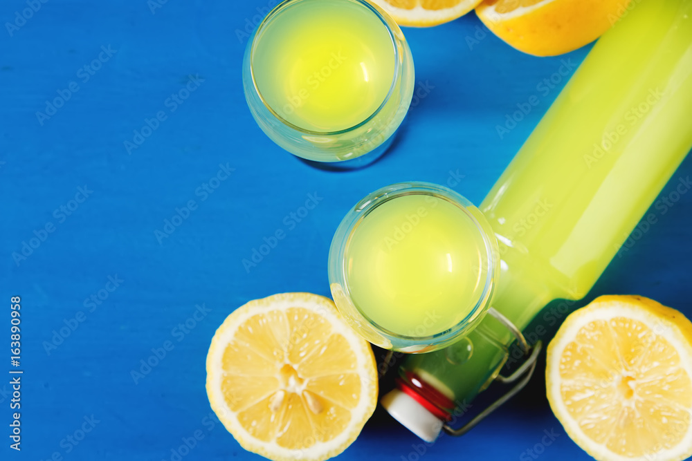 Traditional Italian acoustical leker. Lemonchello of lemons. Blue ...
