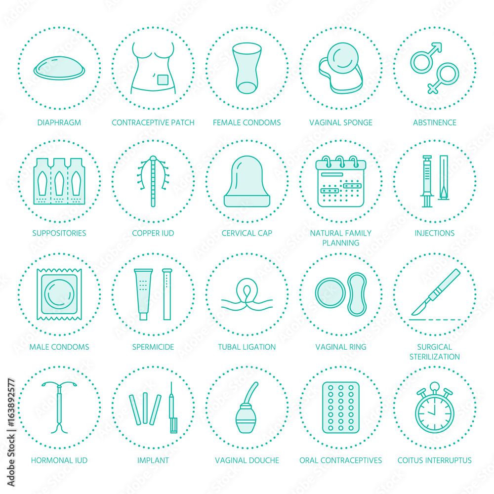Contraceptive Methods Line Icons Birth Control Equipment Condoms